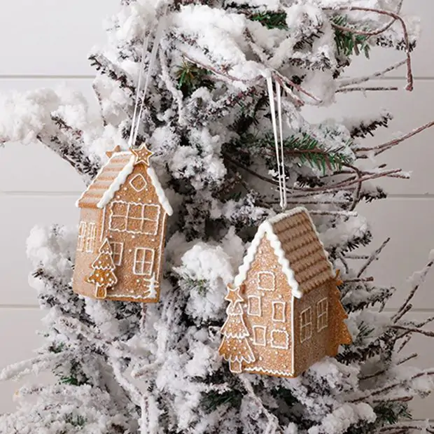 Snowy Gingerbread House Ornaments Set of 2 Antique Farmhouse