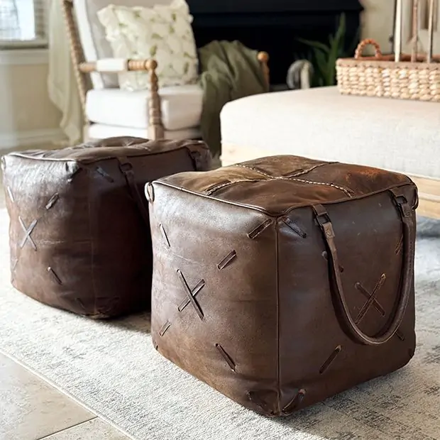 Square Leather Pouf Ottoman Antique Farmhouse
