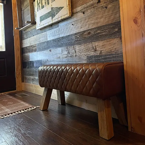 Stitched Leather Top Wooden Bench Seat Antique Farmhouse
