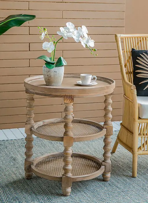 Tiered Round Natural Wood Rattan Side Table Antique Farmhouse