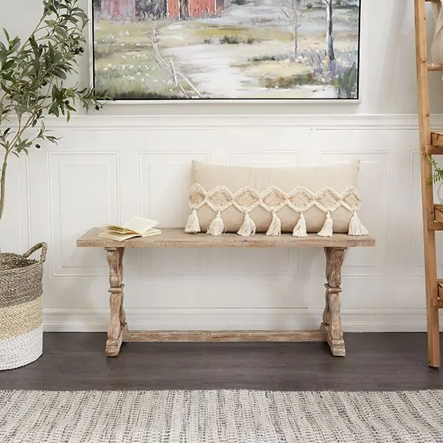 Whitewashed Wood Farmhouse Bench Antique Farmhouse