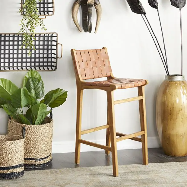 Woven Leather and Teakwood Bar Stool Antique Farmhouse